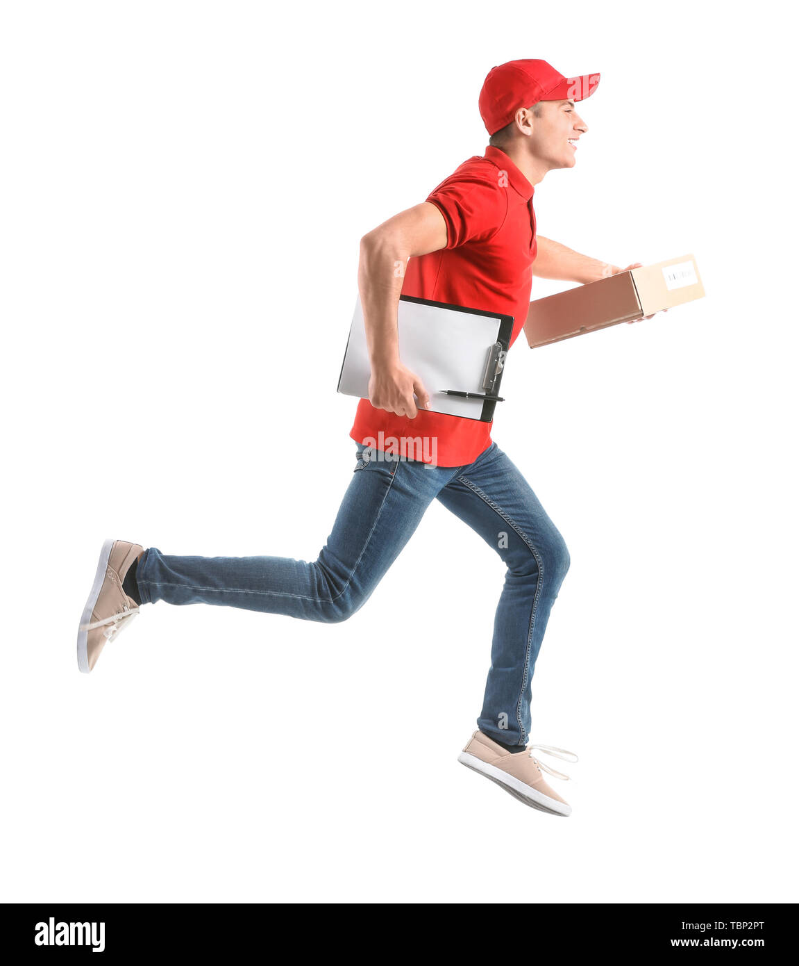 Running delivery man with box and clipboard on white background Stock ...
