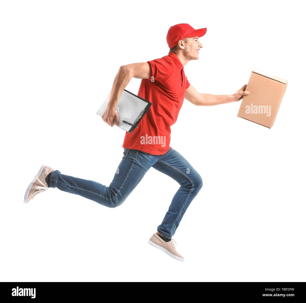 Running delivery man with box and clipboard on white background Stock ...