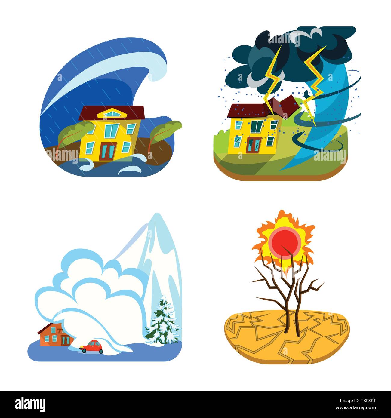 Vector illustration of cataclysm and disaster sign. Collection of ...
