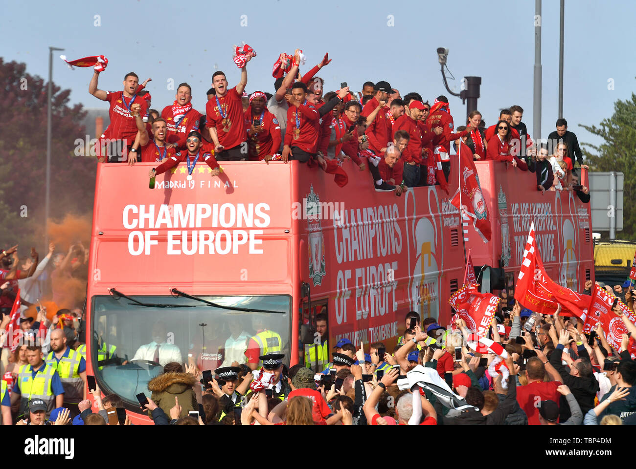 Liverpool players and staff on the bus during the Champions League ...