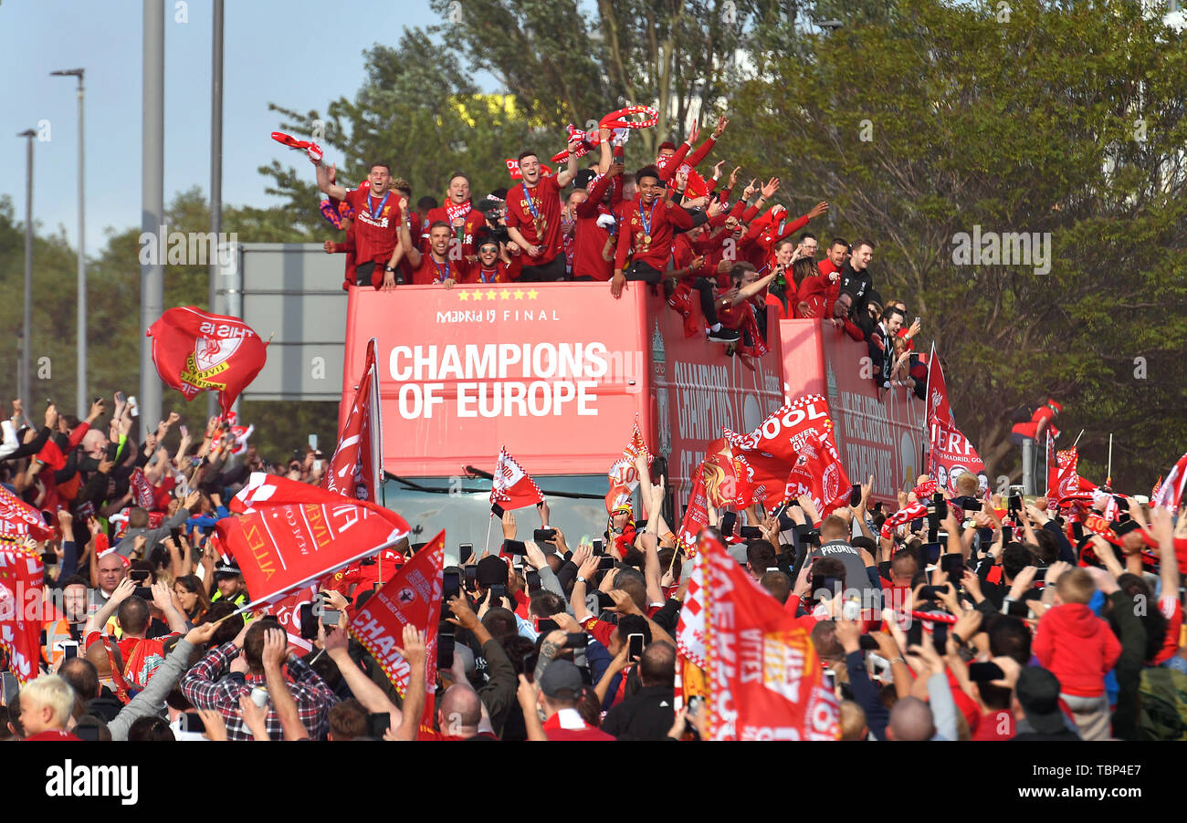Liverpool players and staff on the bus during the Champions League ...