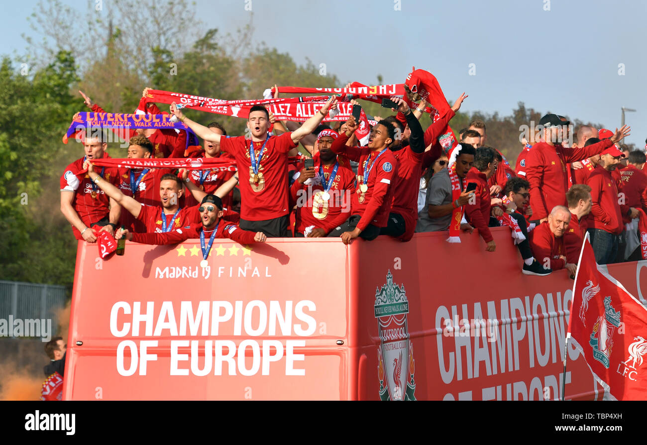 Liverpool players and staff on the bus during the Champions League ...