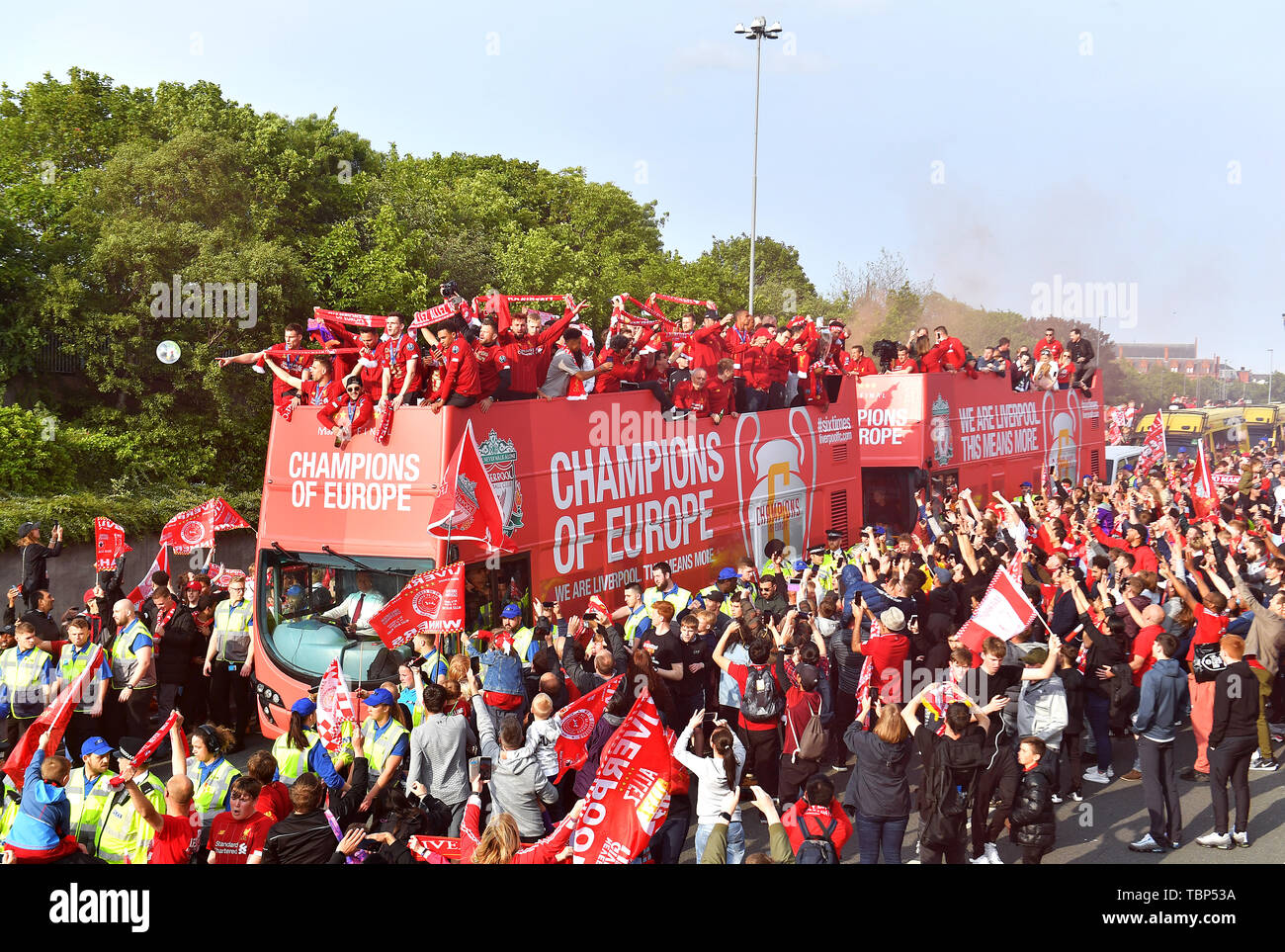 Liverpool players and staff on the bus during the Champions League ...