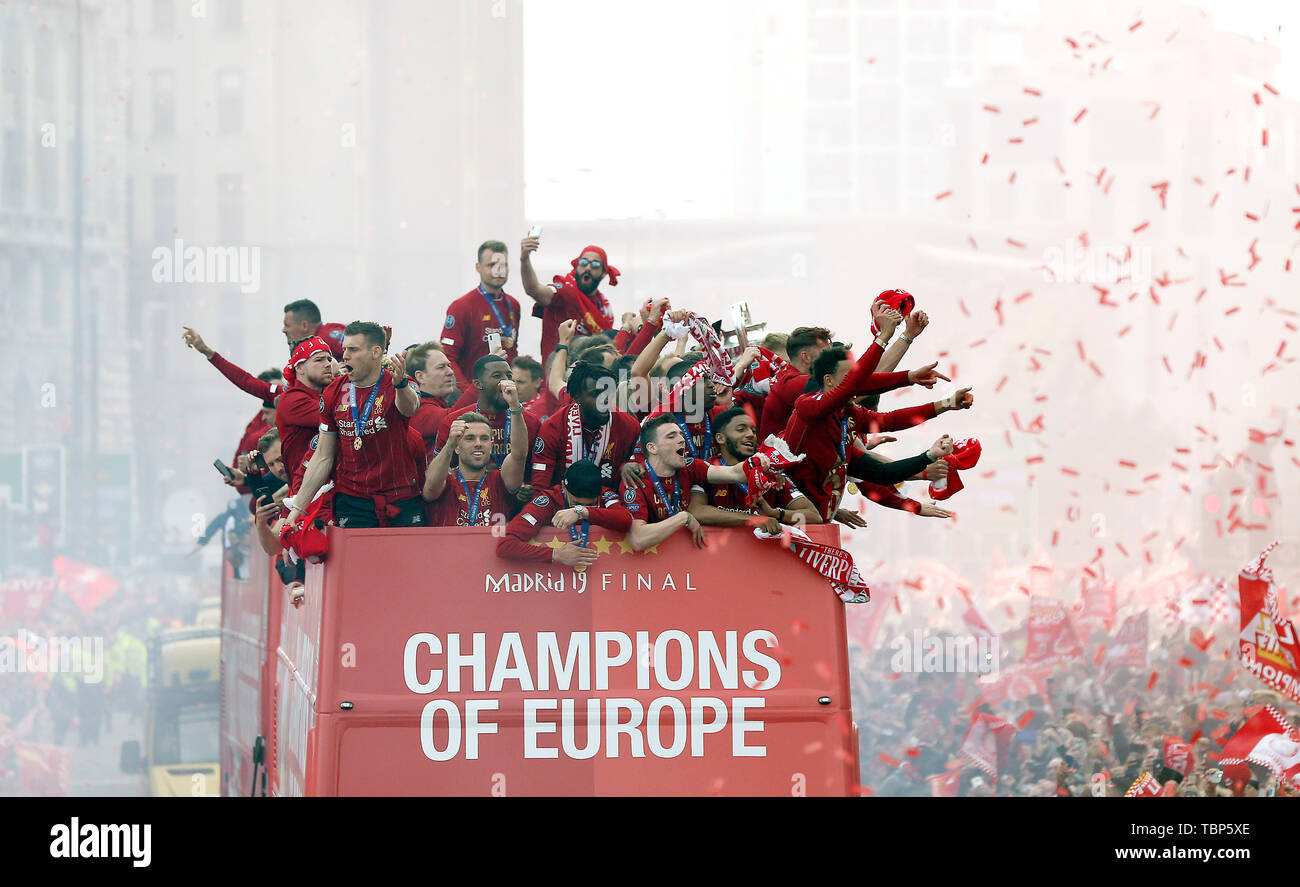 Liverpool players and staff on the bus during the Champions League ...