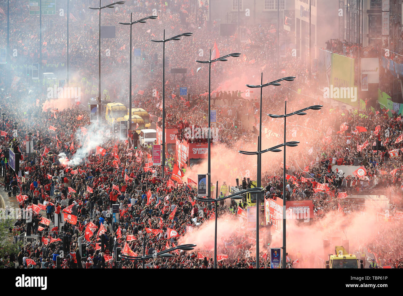 Liverpool players and staff on the bus during the Champions League ...