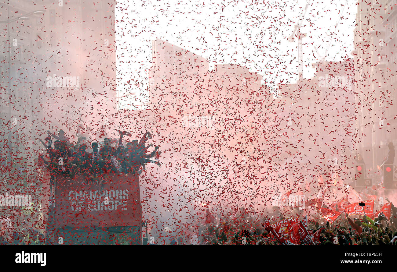 Liverpool players and staff on the bus during the Champions League ...