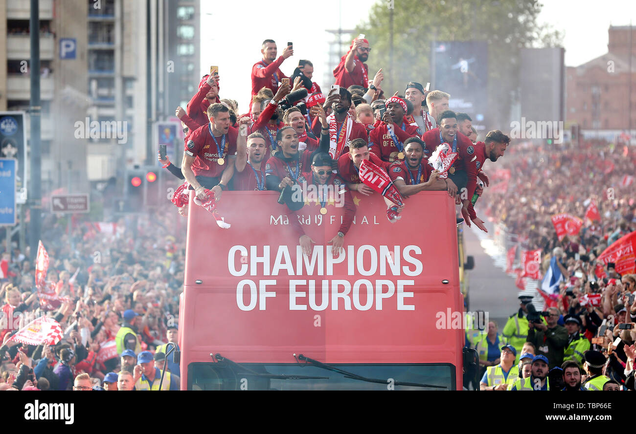 Liverpool players and staff on the bus during the Champions League ...