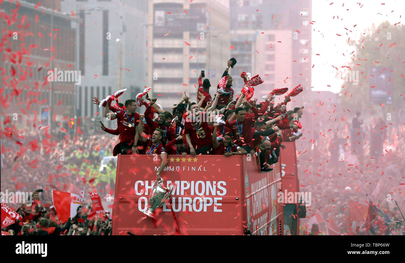Liverpool players and staff on the bus during the Champions League ...