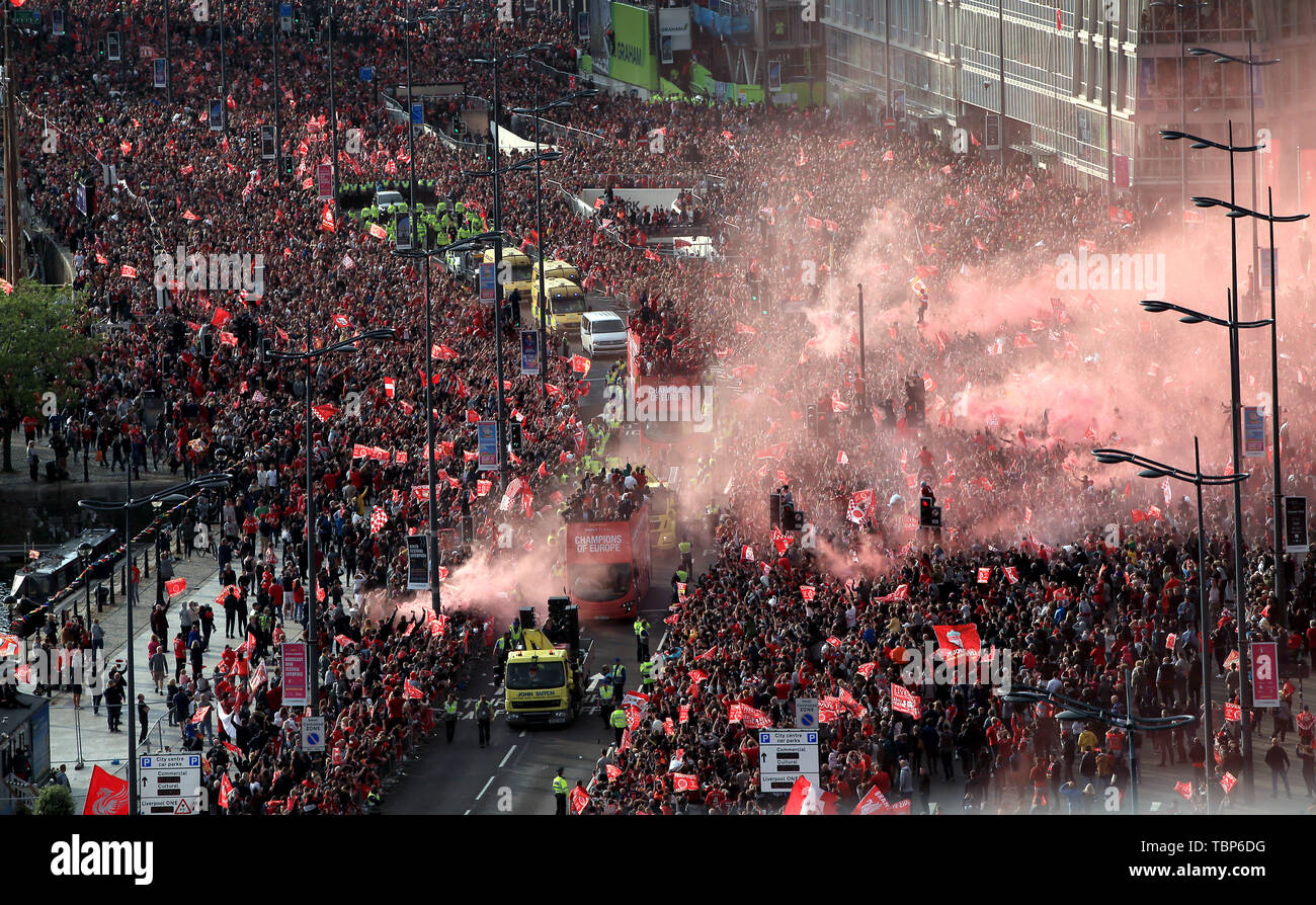 Liverpool players and staff on the bus during the Champions League ...