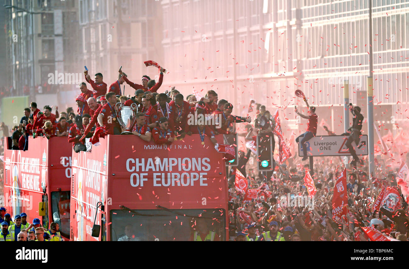 Liverpool players and staff on the bus during the Champions League ...
