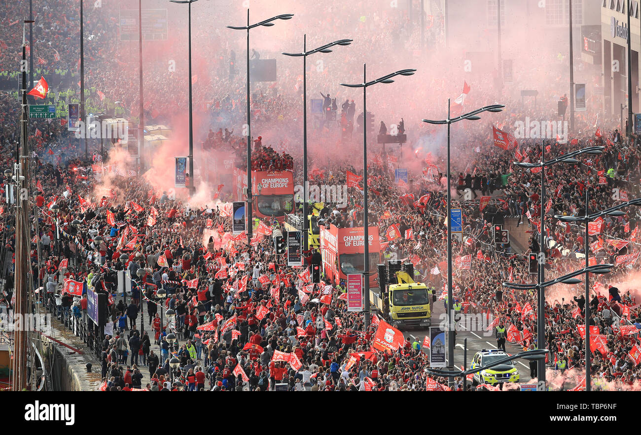 Liverpool players and staff on the bus during the Champions League ...