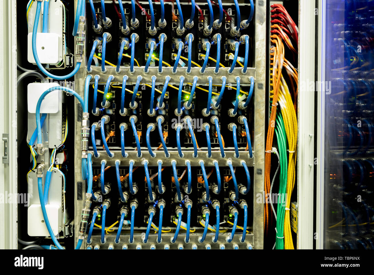 Background image of blue cables of network panel connecting ...