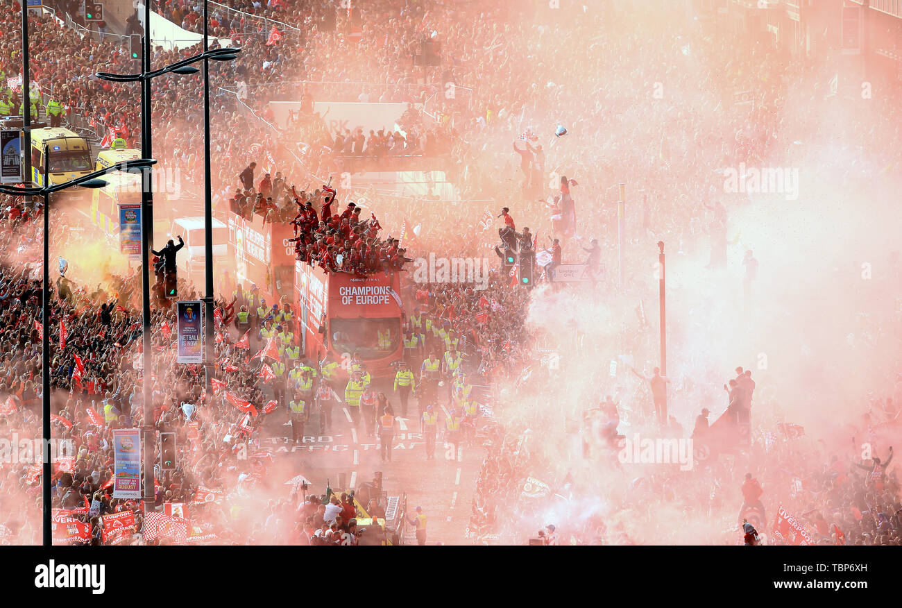 Liverpool players and staff on the bus during the Champions League ...
