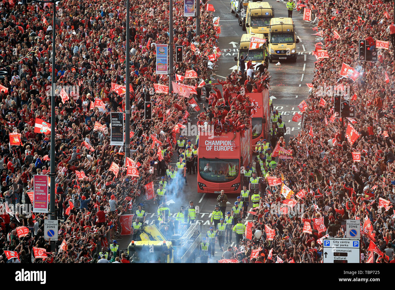 Liverpool players and staff on the bus during the Champions League ...