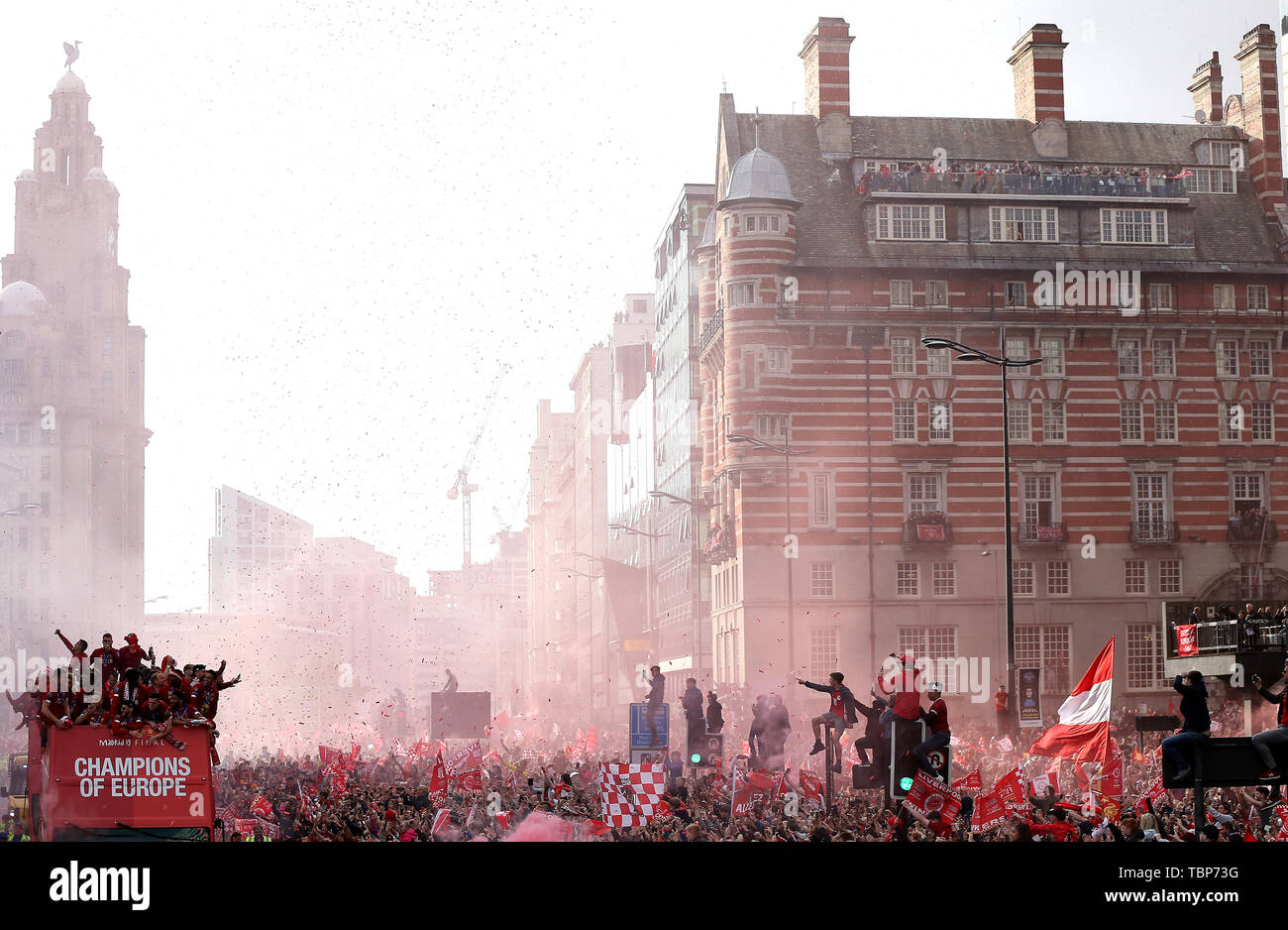 Liverpool players and staff on the bus during the Champions League ...