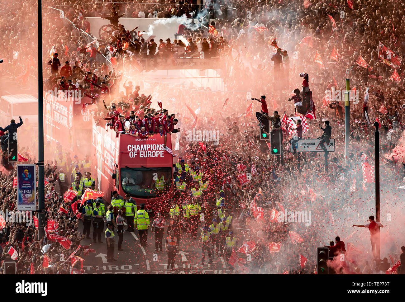 Liverpool players and staff on the bus during the Champions League ...