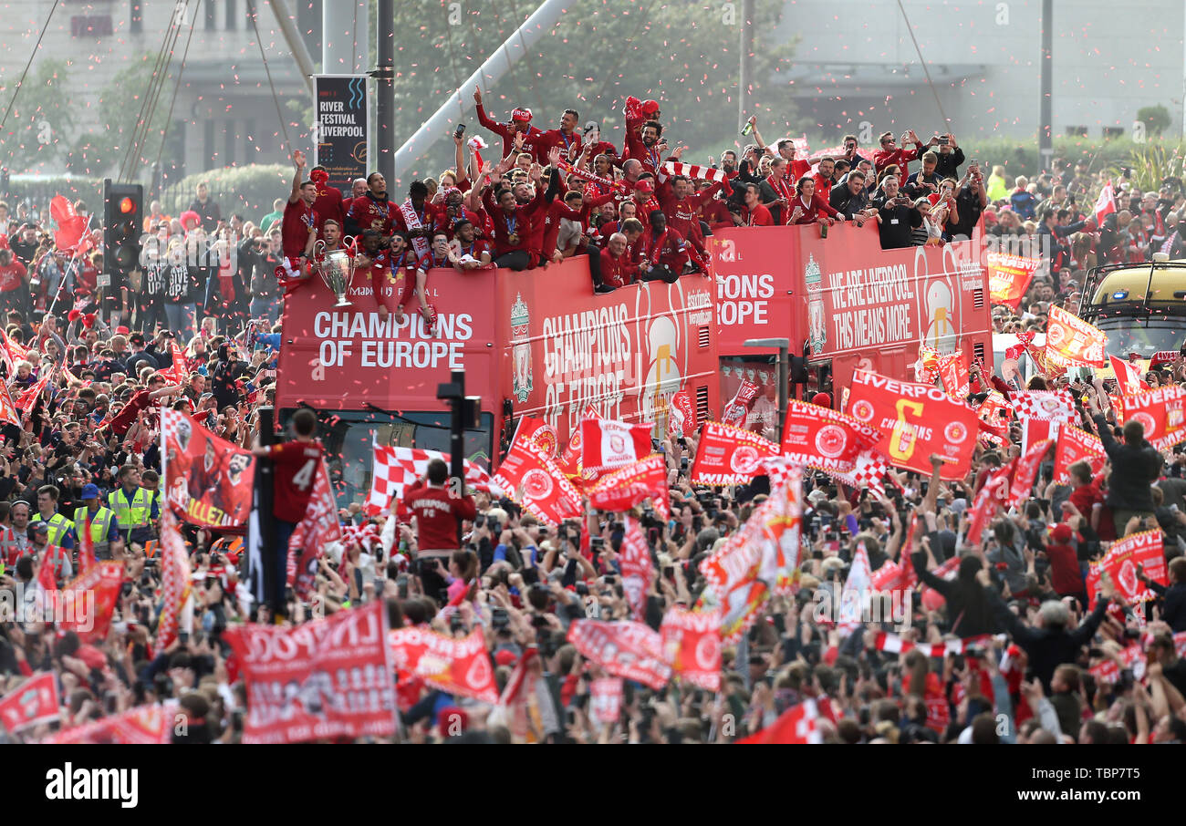 Liverpool players and staff on the bus during the Champions League ...
