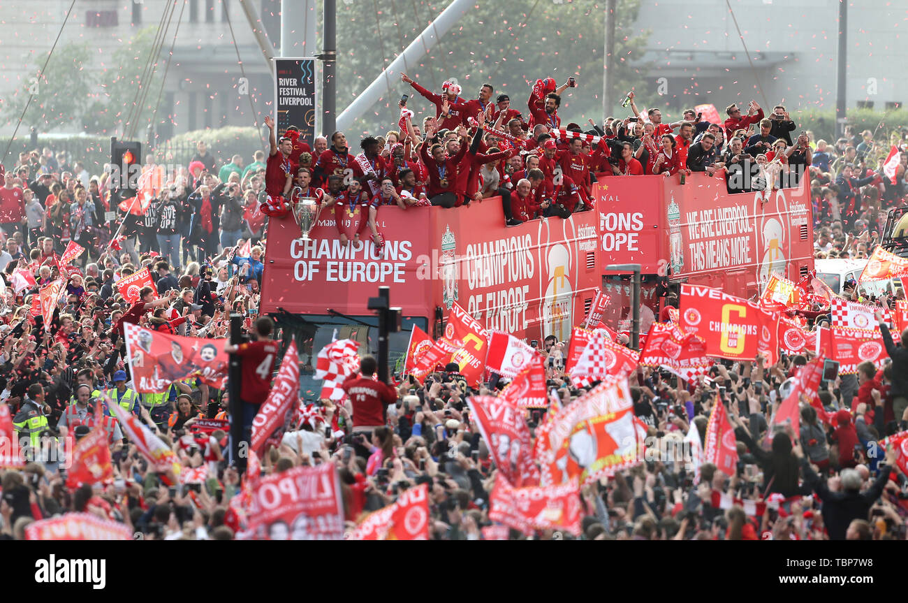 Liverpool players and staff on the bus during the Champions League ...