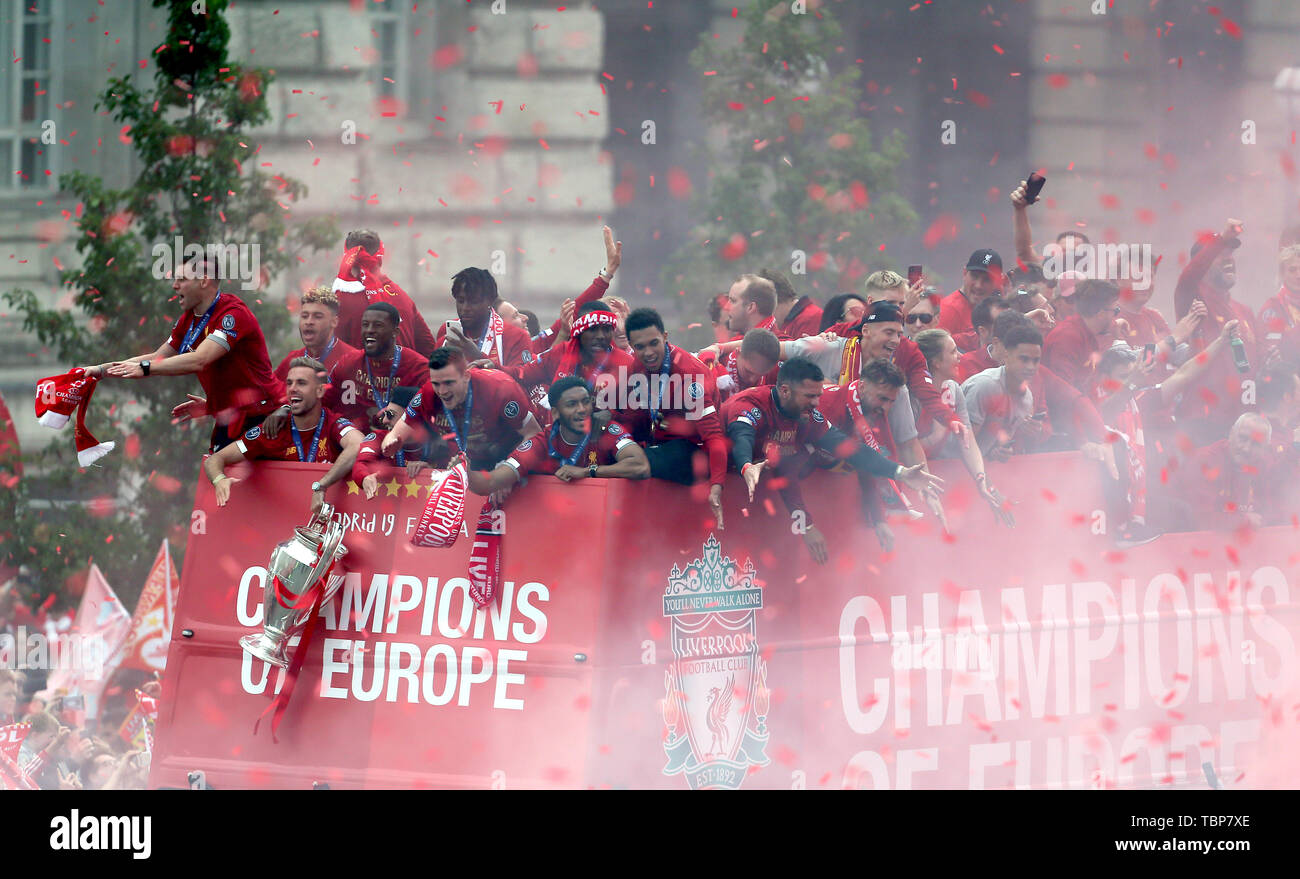 Liverpool players and staff on the bus during the Champions League ...