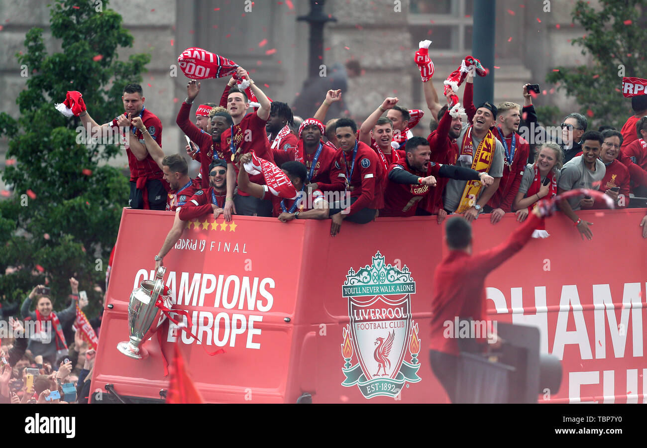 Liverpool players and staff on the bus during the Champions League ...