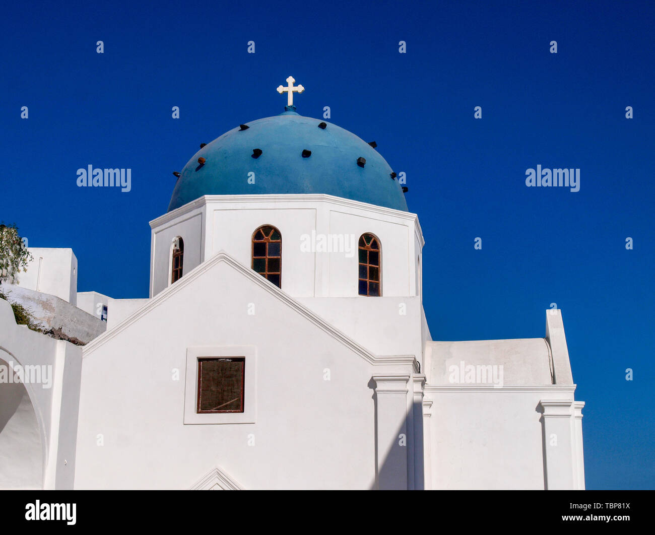 Santorini, Greece: Panorama of the caldera and numerous resorts Stock ...