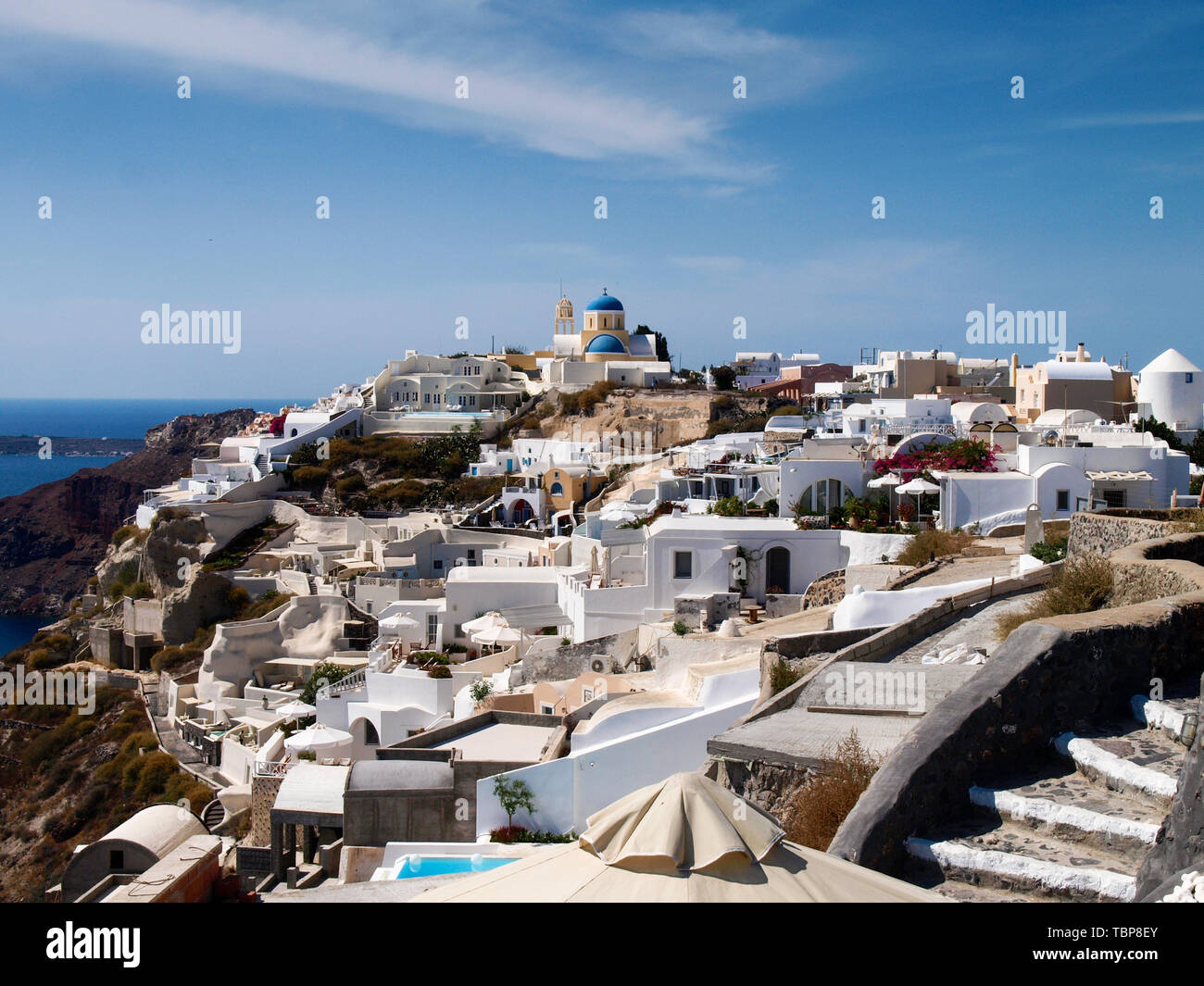 Santorini, Greece: Panorama of the caldera and numerous resorts Stock ...