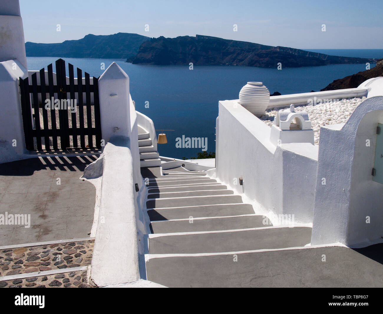 Santorini, Greece: Panorama of the caldera and numerous resorts Stock ...