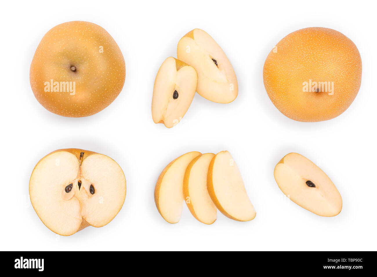 Fresh asian pear isolated on white background. Top view. Flat lay. Set ...