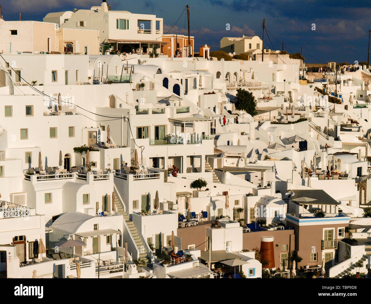 Santorini, Greece: Panorama of the caldera and numerous resorts Stock ...