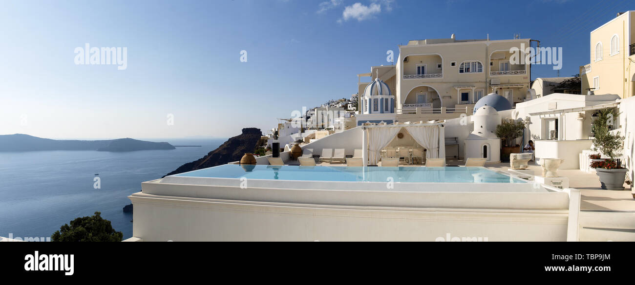 Santorini, Greece: Panorama of the caldera and numerous resorts Stock ...