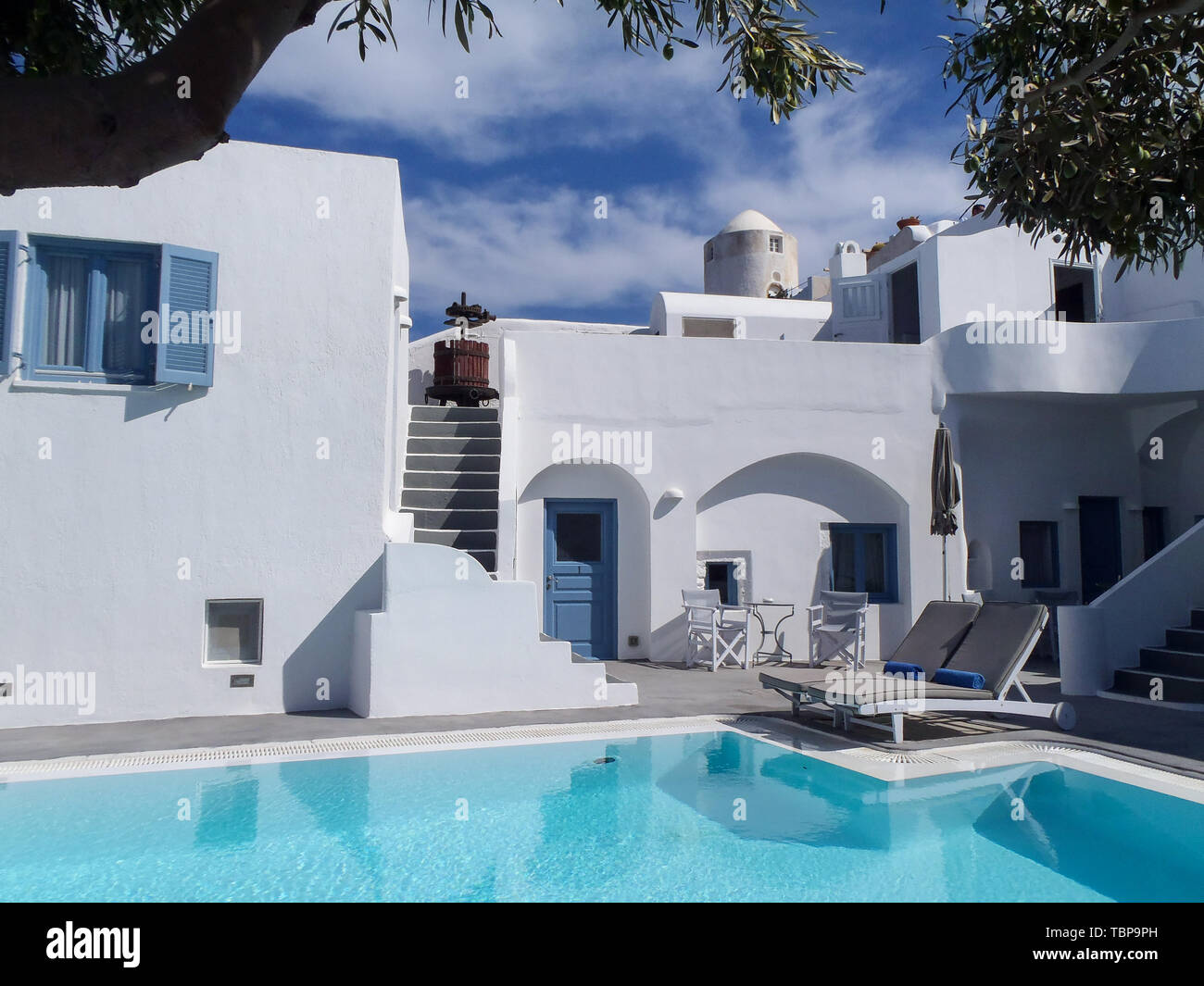 Santorini, Greece: Panorama of the caldera and numerous resorts Stock ...