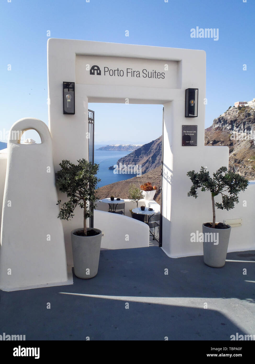 Santorini, Greece: Panorama of the caldera and numerous resorts Stock ...