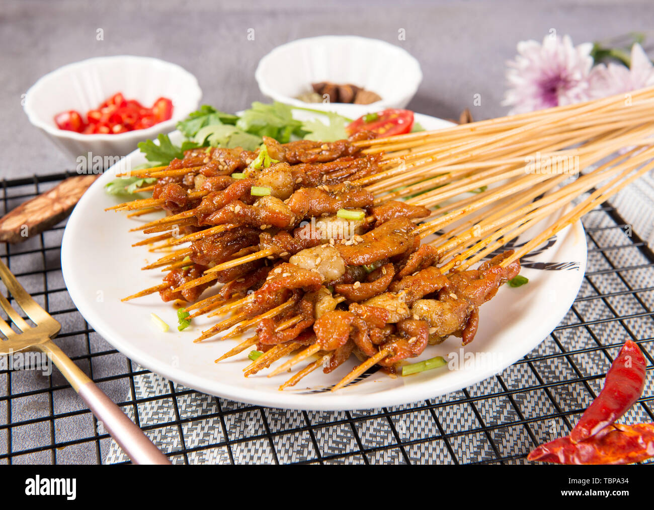 Iron plate barbecue lamb kebab, duck gizzard, lamb, pork beef Stock ...