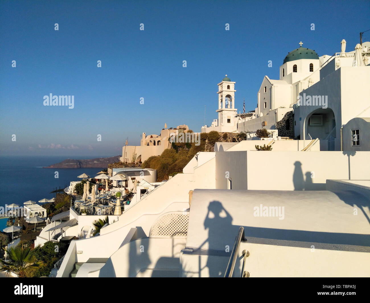 Santorini, Greece: Panorama of the caldera and numerous resorts Stock ...