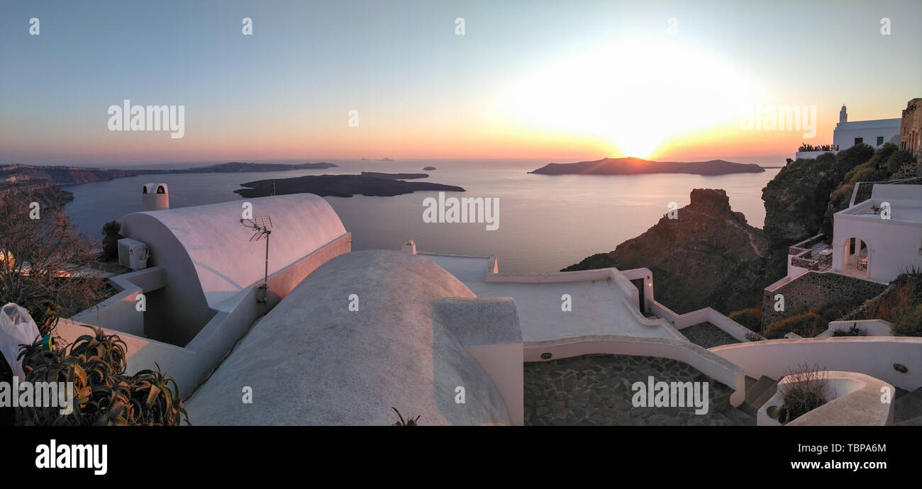 Santorini, Greece: Panorama of the caldera and numerous resorts Stock ...