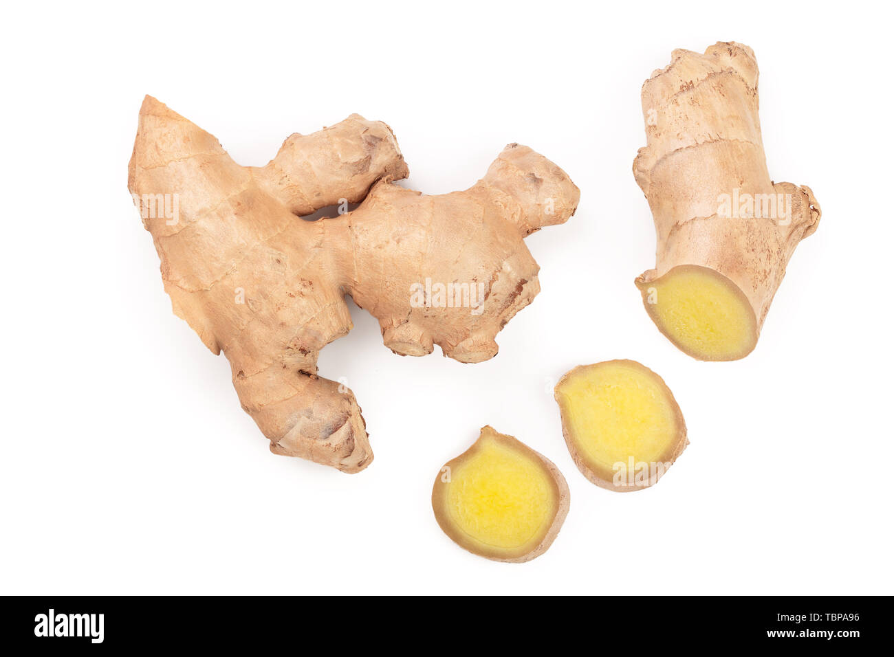 fresh Ginger root and slice isolated on white background. Top view ...