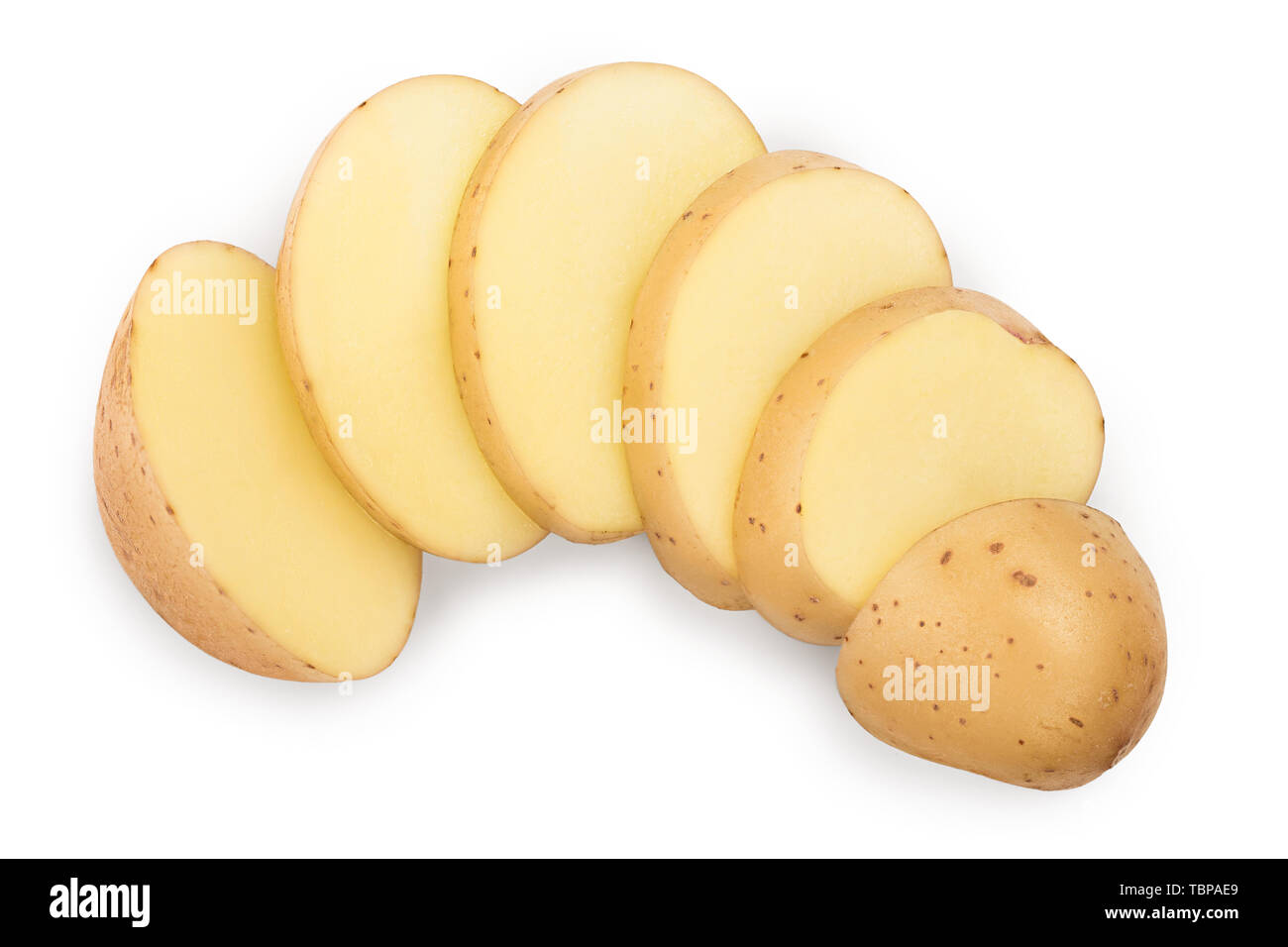 Young slice potato isolated on white background. Harvest new. Top view ...