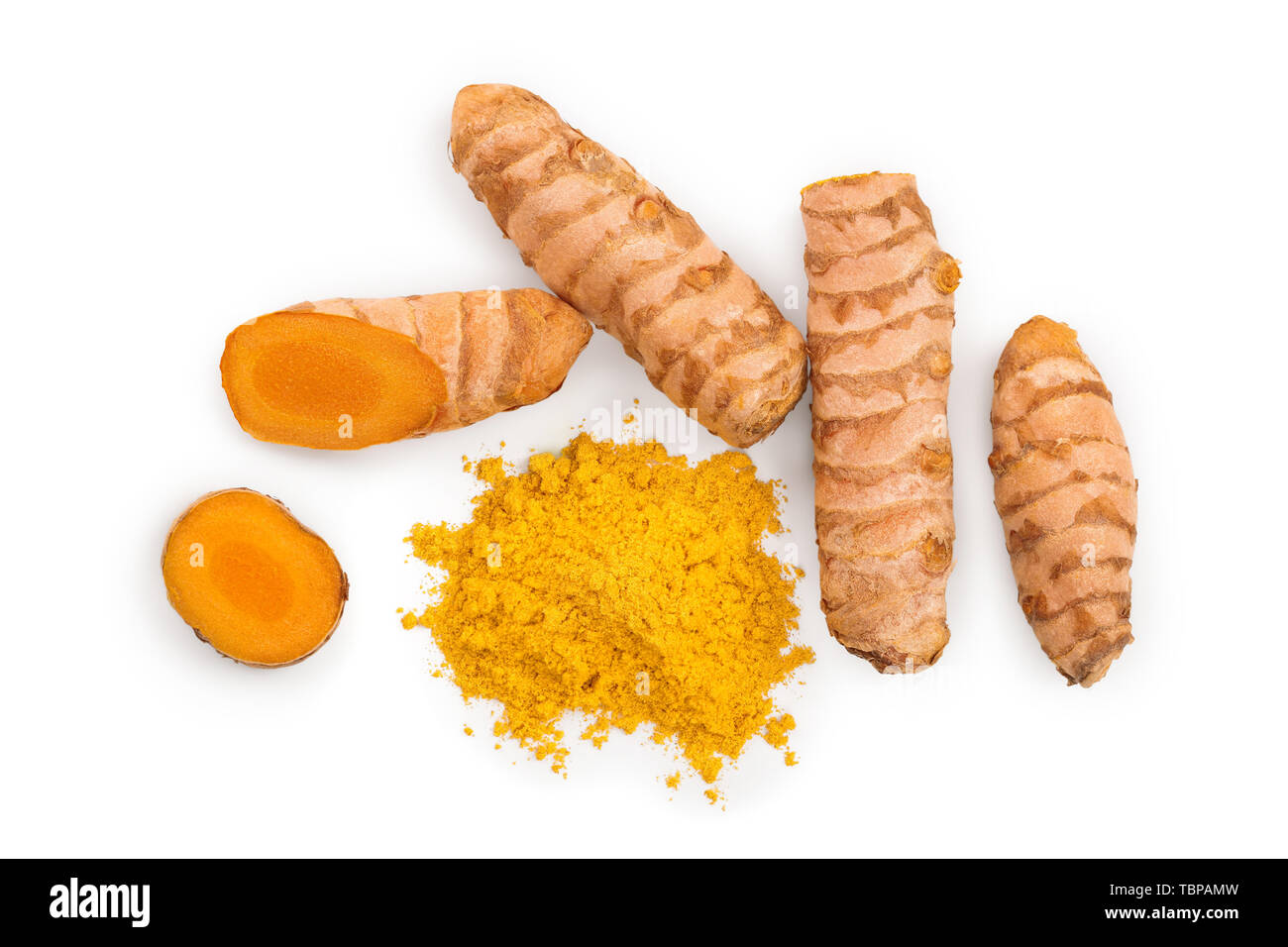 Turmeric powder and turmeric root isolated on white background. Top ...