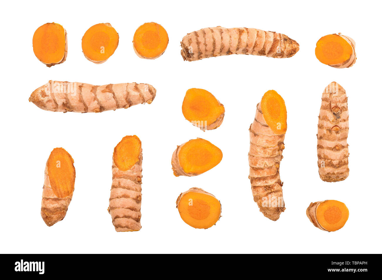 turmeric root and slices isolated on white background. Top view. Flat ...