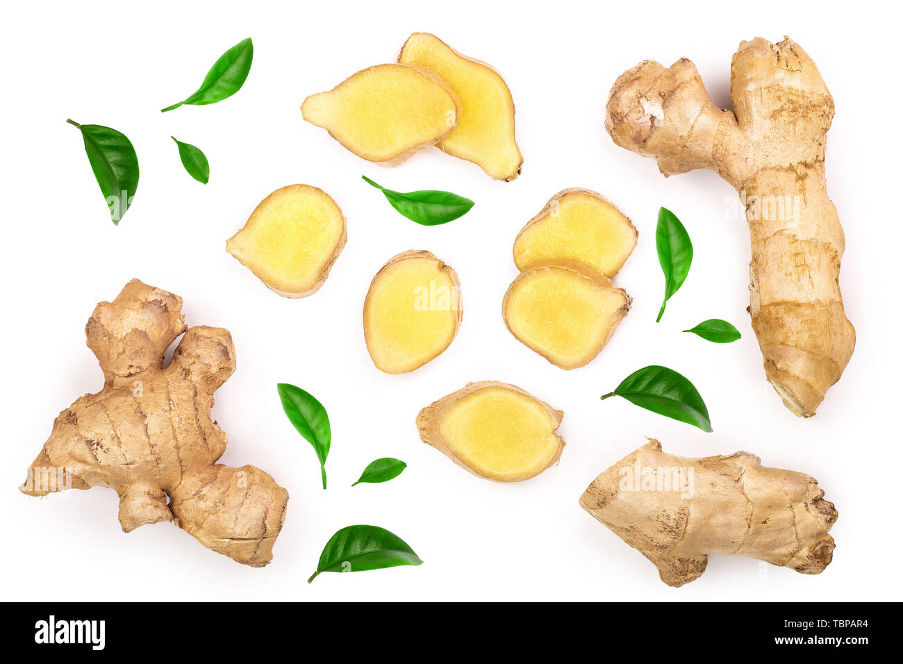 fresh Ginger root and slice isolated on white background. Top view ...
