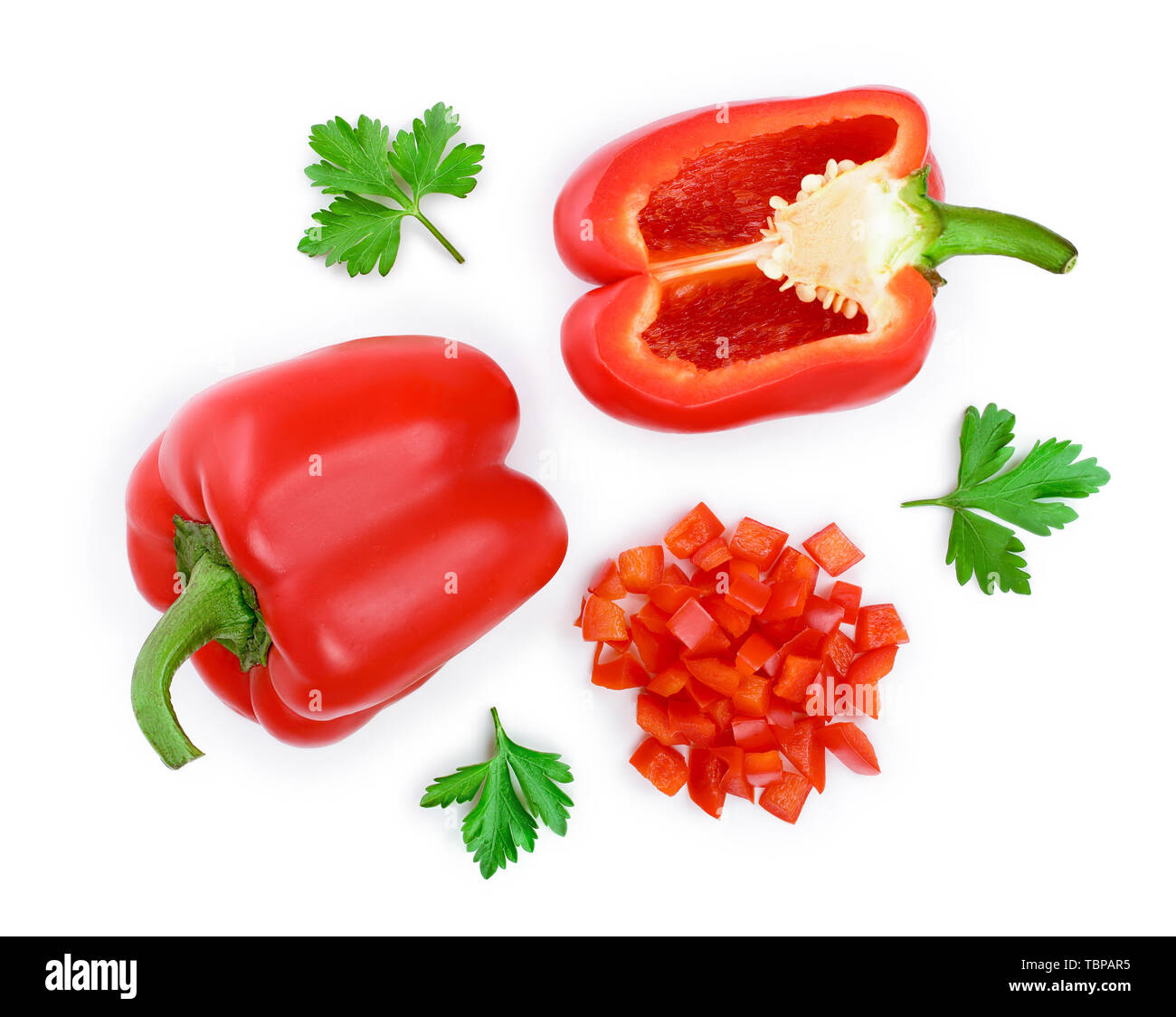 red sweet bell pepper isolated on white background. Top view. Flat lay ...