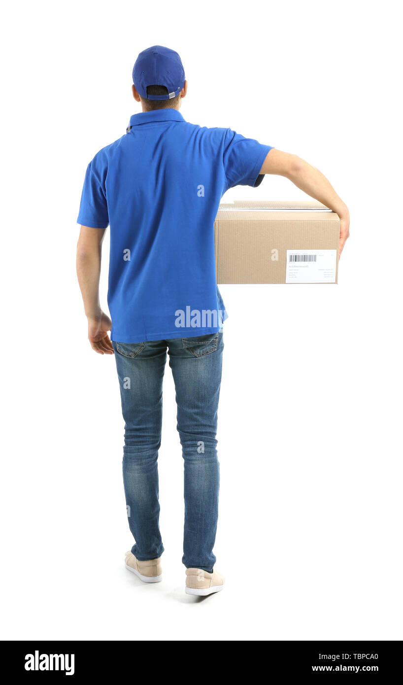 Delivery man with box on white background, back view Stock Photo - Alamy