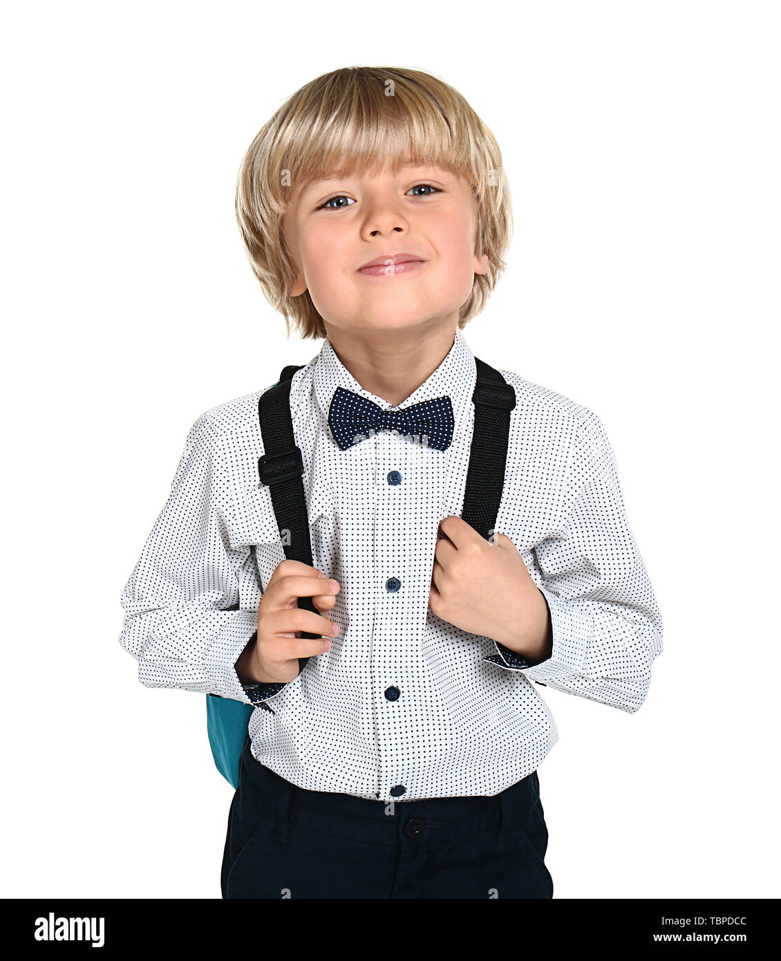 Cute little schoolboy on white background Stock Photo - Alamy