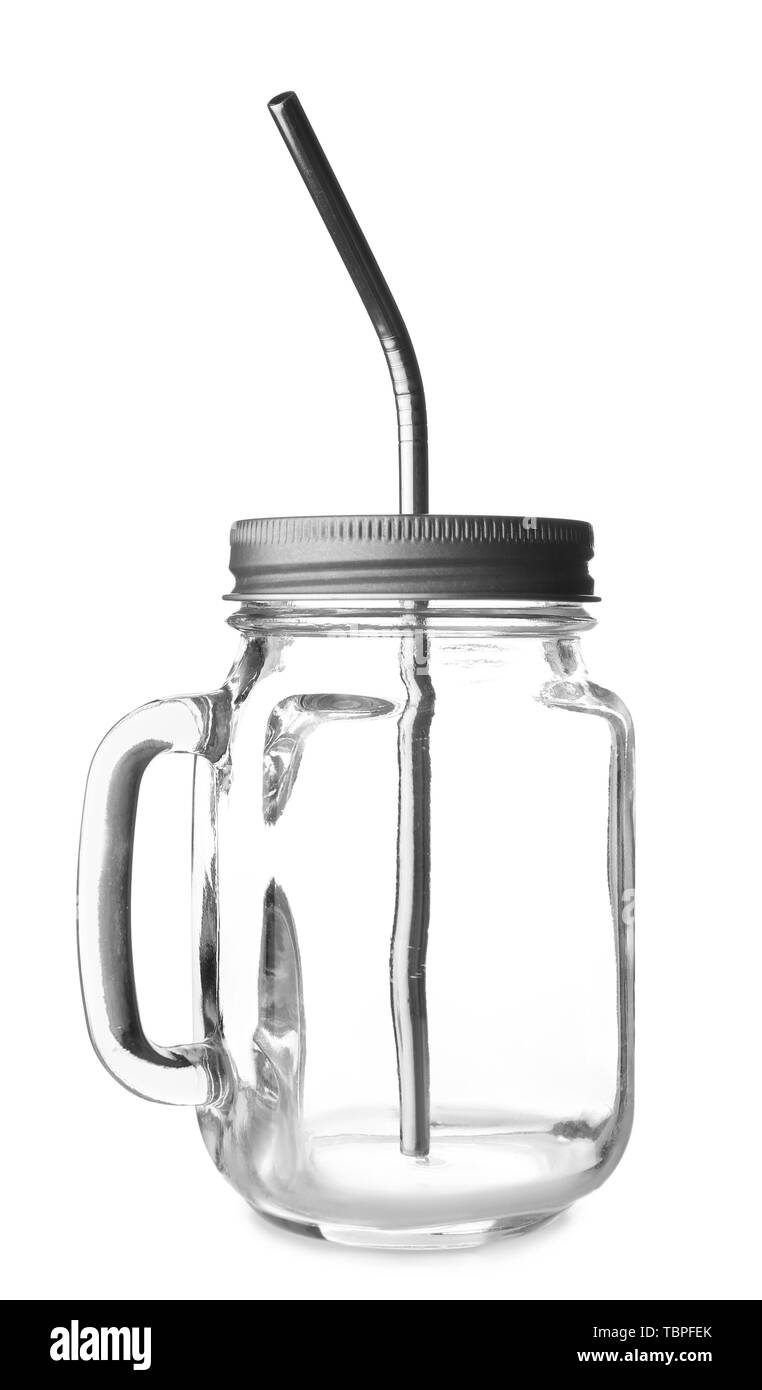 Mason jar with stainless steel straw on white background. Zero waste ...