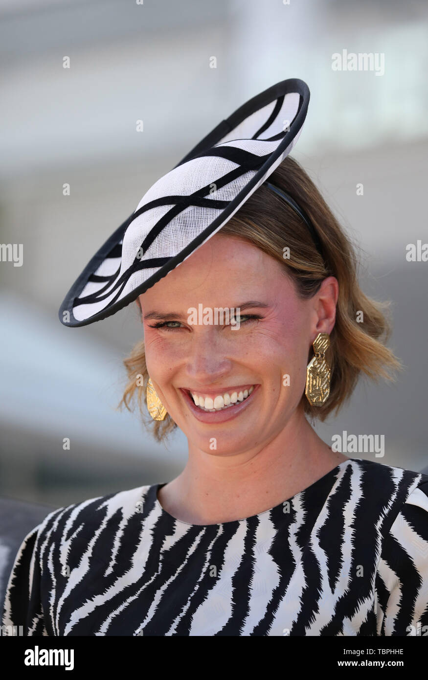 Francesca Cumani in a zebra print dress at the Investec Epsom Derby ...