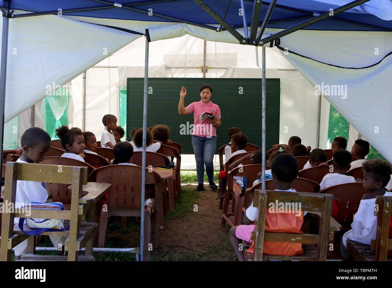 Pampanga Province, Philippines. 3rd June, 2019. A teacher gives lessons ...
