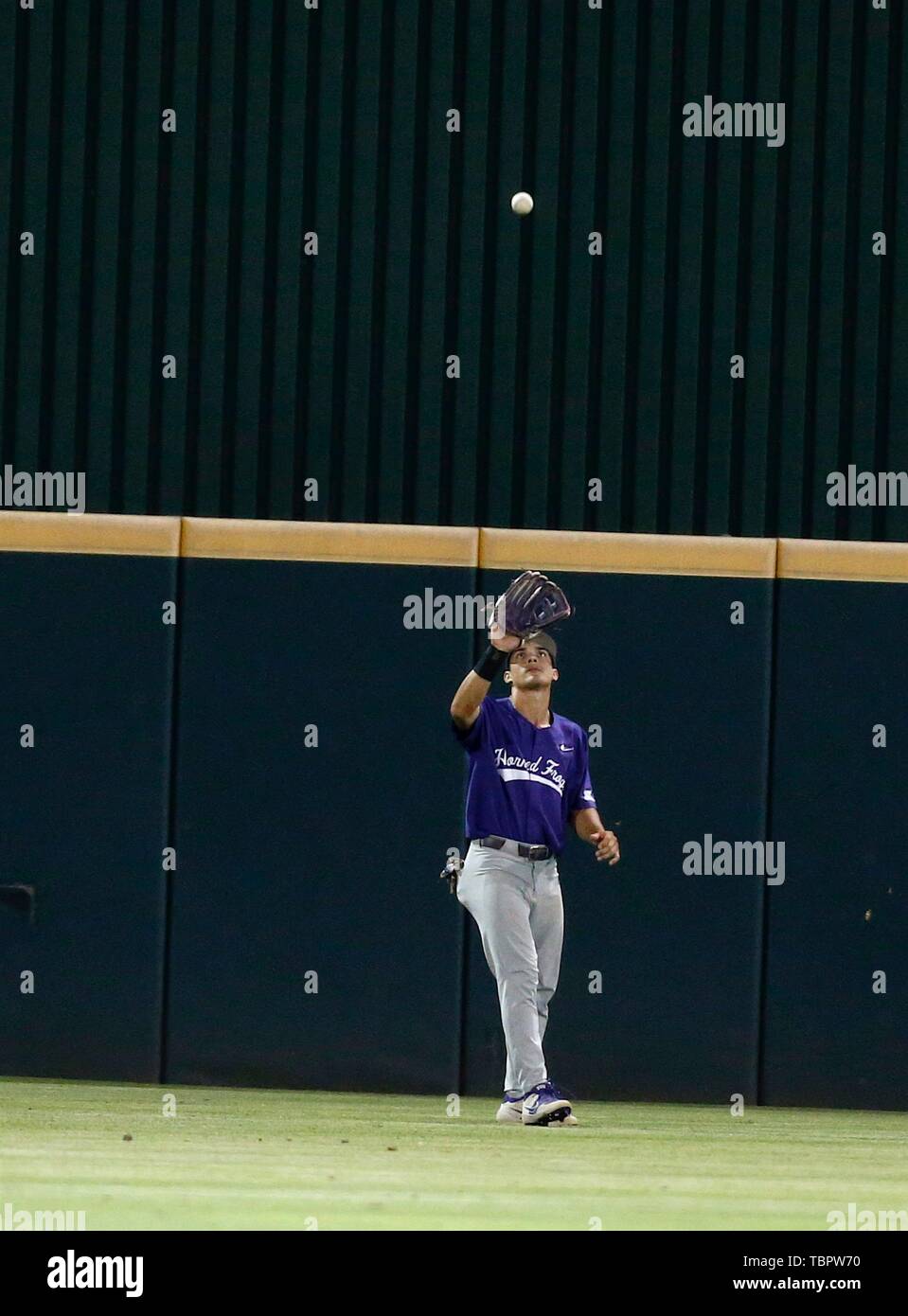 June 2, 2019: Horned Frog center fielder Johnny Rizer #4 eyes a ball ...