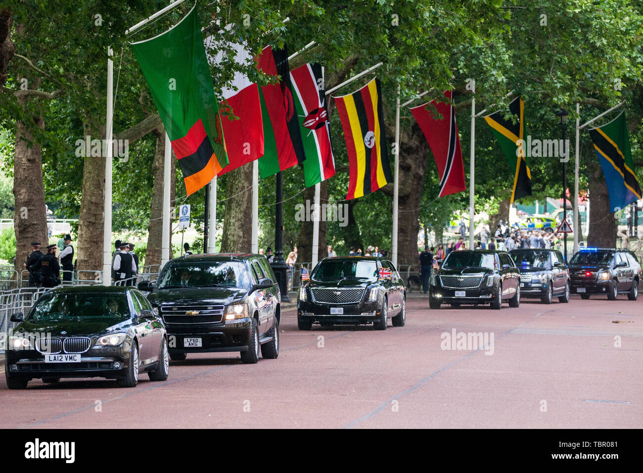 London, UK. 3 June, 2019. President Trump’s motorcade makes its way to ...