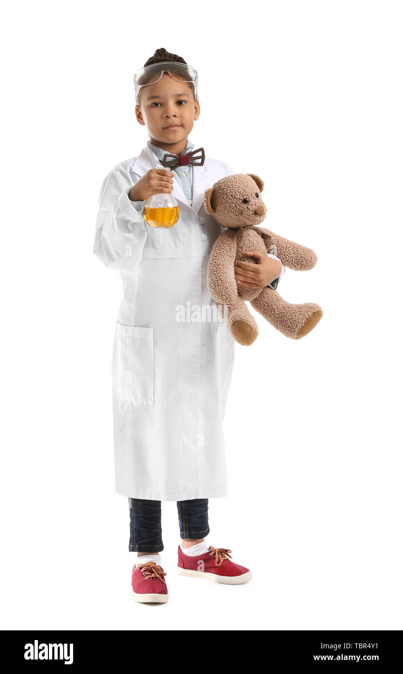 Little African-American scientist on white background Stock Photo - Alamy