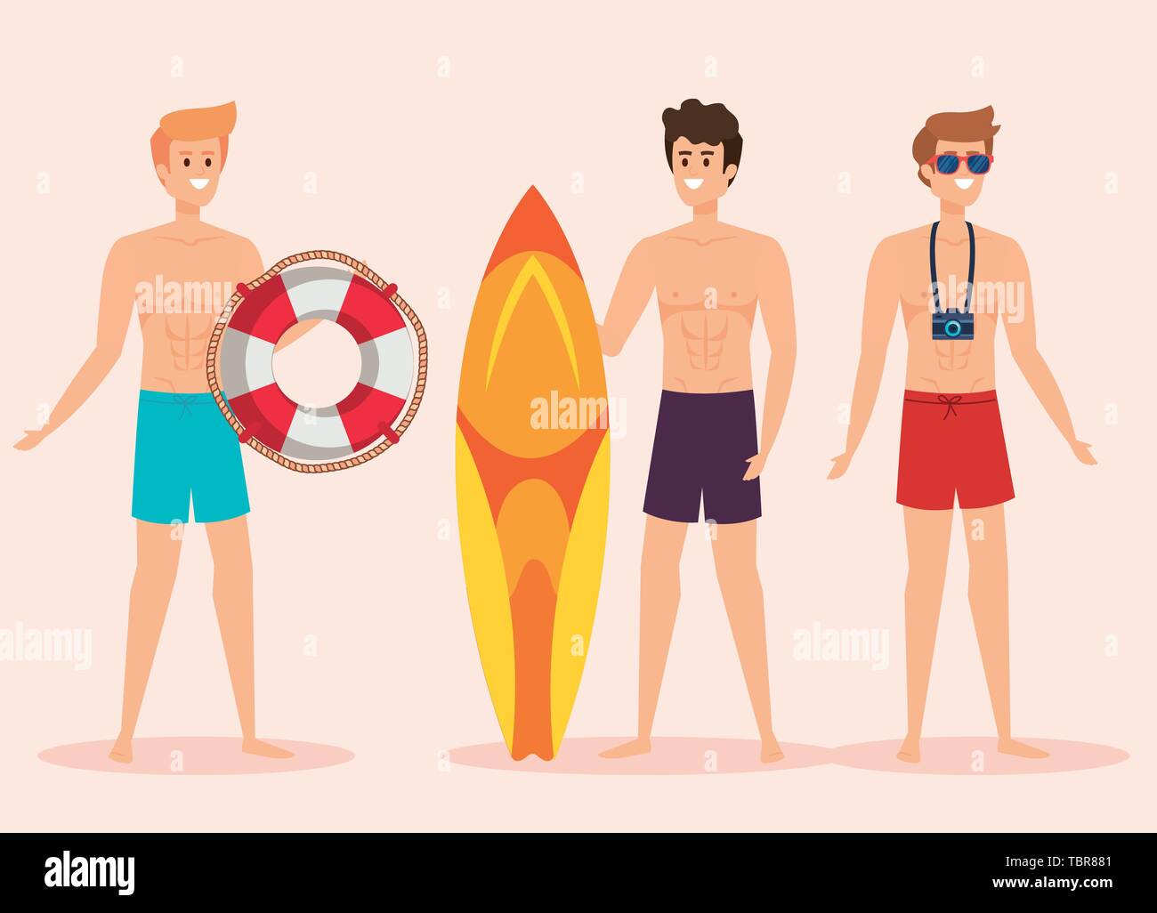 set of men wearing bathing shorts with float and surfboard with camera ...